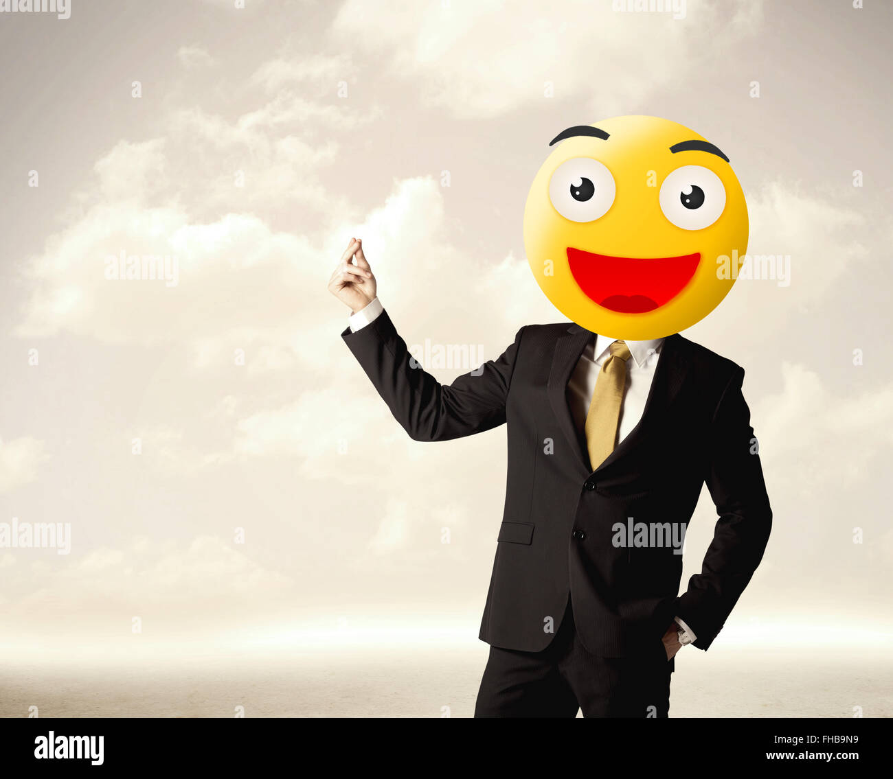 businessman wears yellow smiley face Stock Photo - Alamy