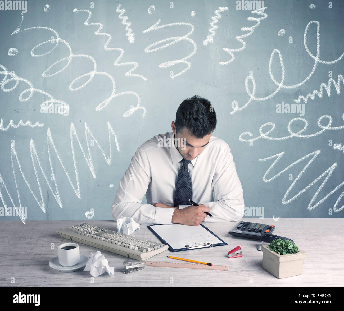 Tired office worker with drawn messy lines Stock Photo - Alamy