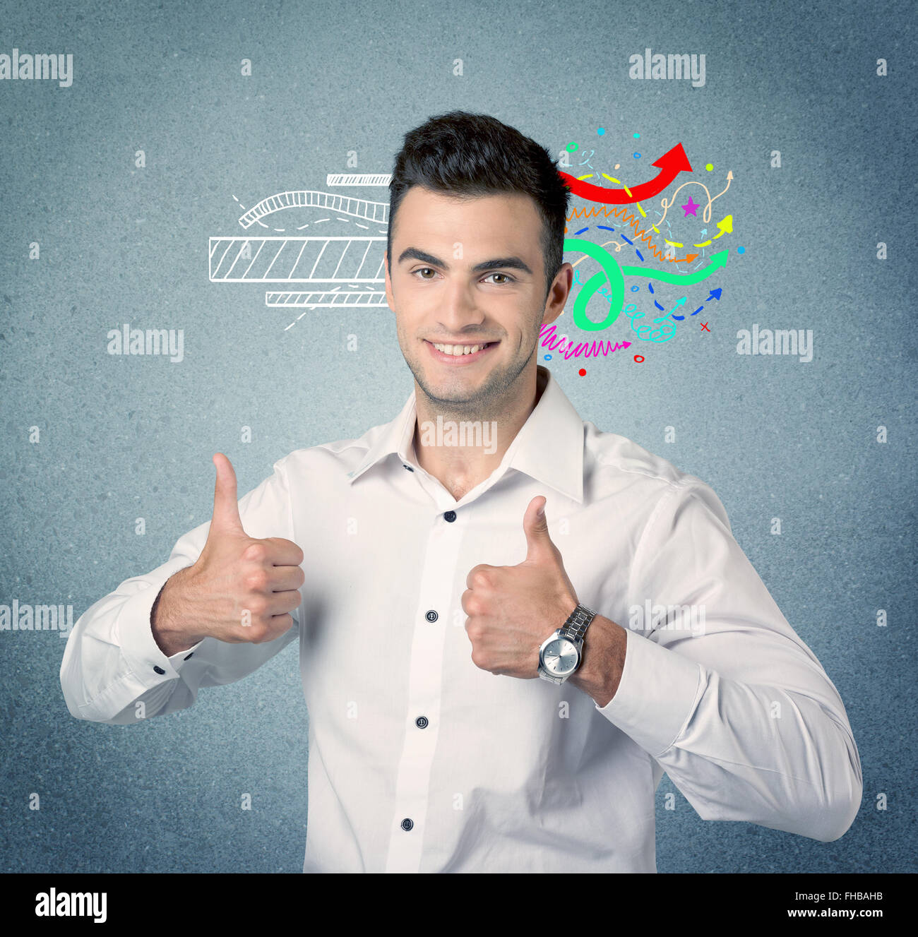Happy creative business guy with illustration Stock Photo - Alamy