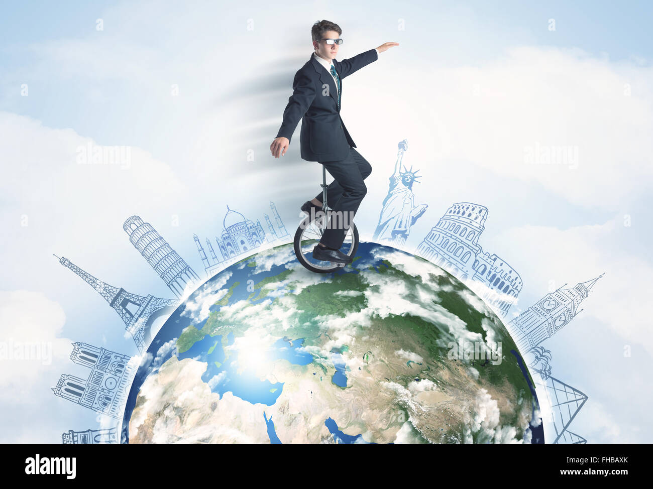 Man riding unicycle around the globe with major cities Stock Photo - Alamy