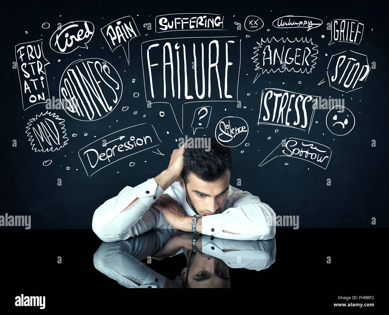 Depressed businessman sitting under trouble thought boxes Stock Photo ...