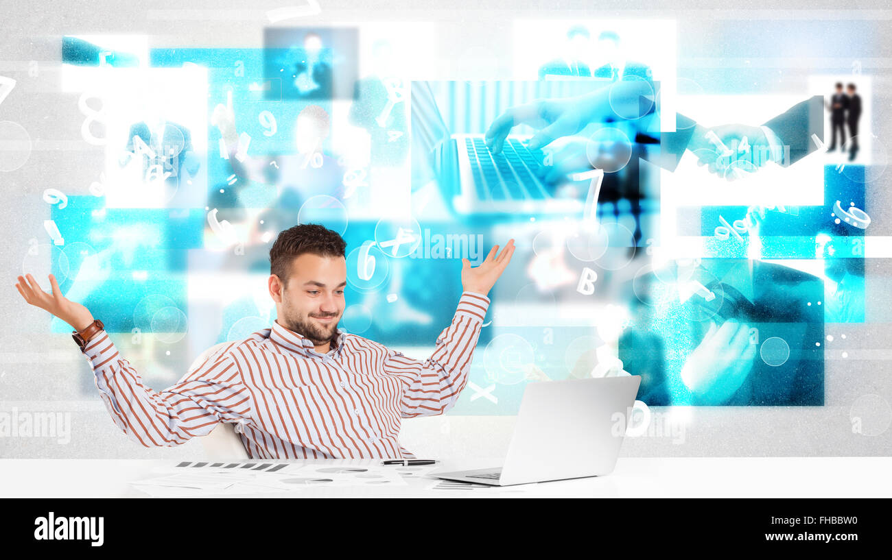 Business person at desk with modern tech images at background Stock ...