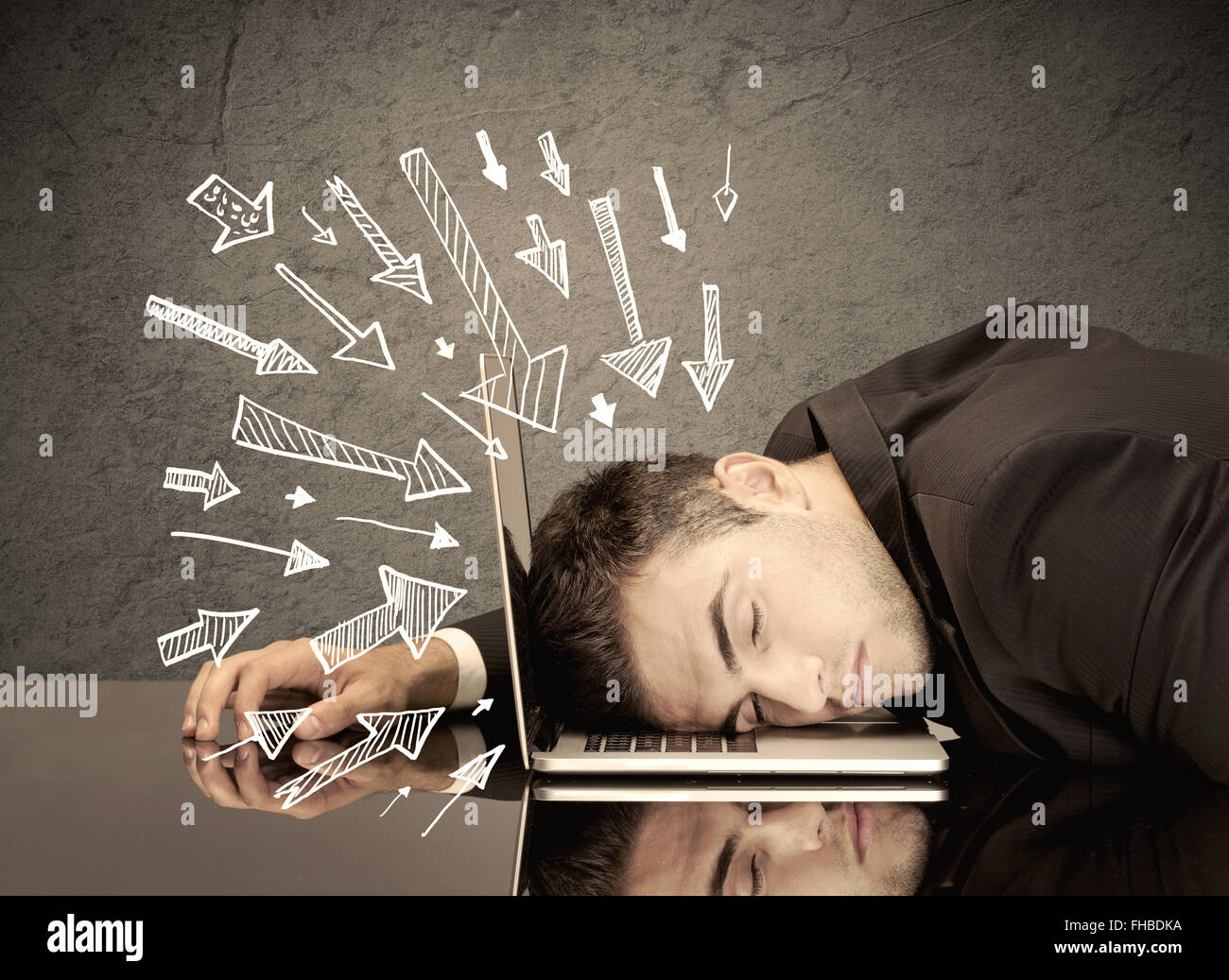 Arrows pointing at sad office worker Stock Photo - Alamy