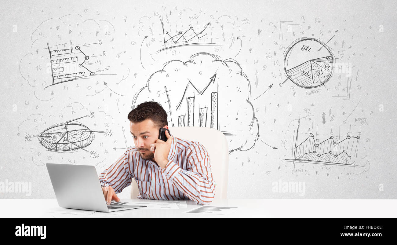 Business man sitting at table with hand drawn graph charts Stock Photo ...