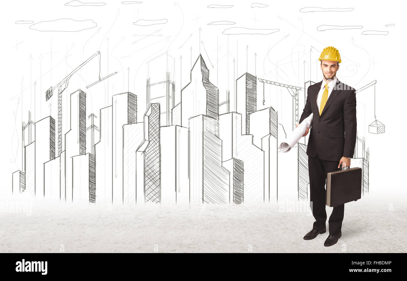 Engineer man with building city drawing in background Stock Photo - Alamy