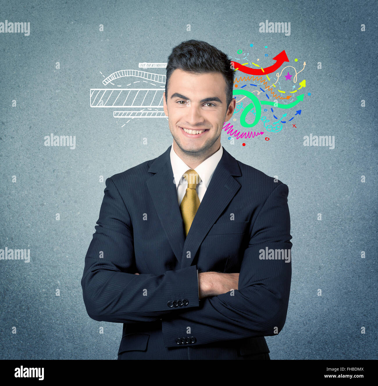 Happy creative business guy with illustration Stock Photo - Alamy