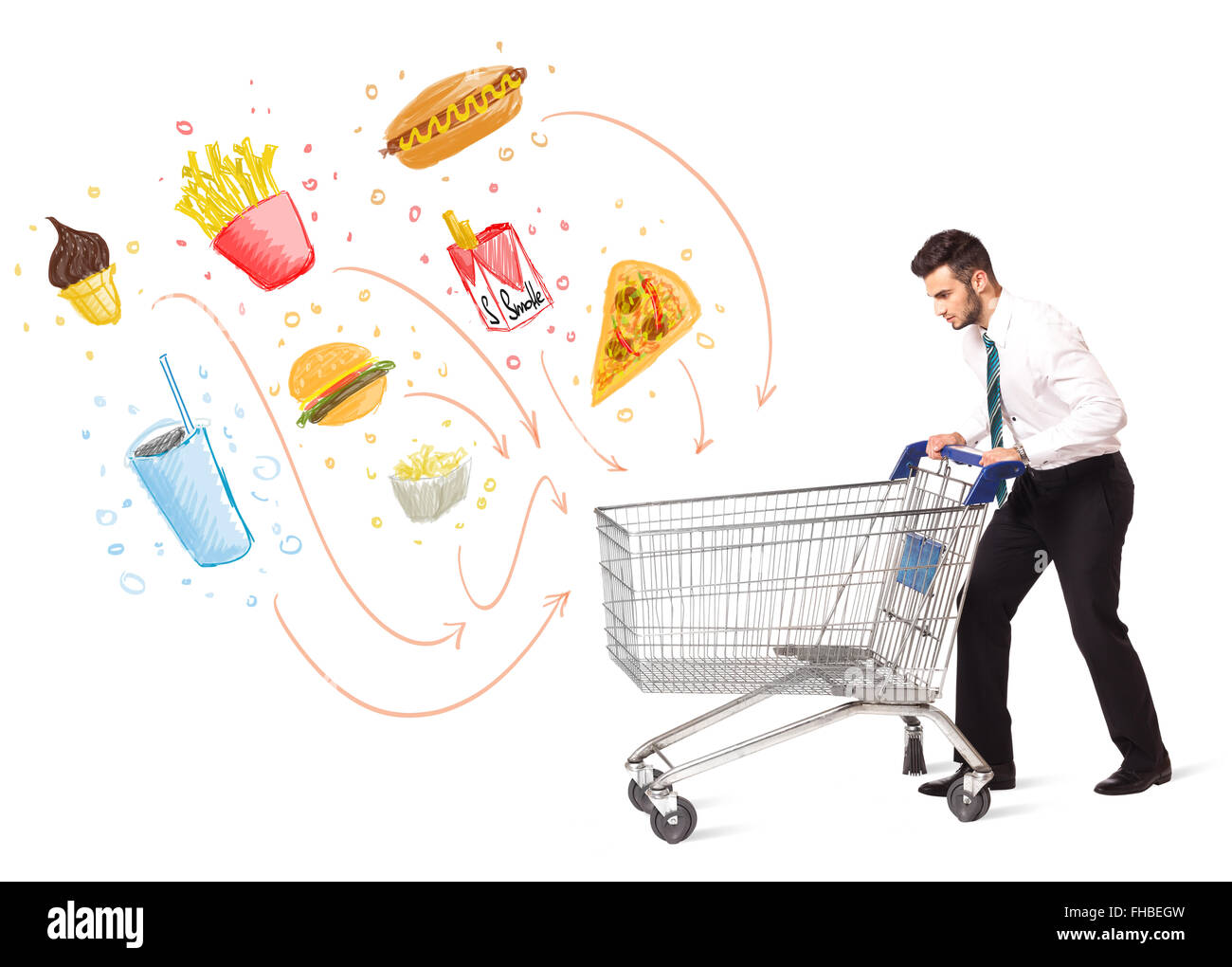 Man with shopping cart with toxic junk food Stock Photo - Alamy
