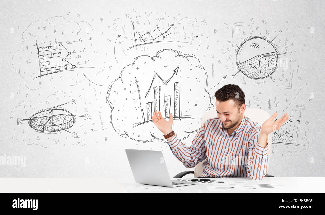 Business man sitting at table with hand drawn graph charts Stock Photo ...