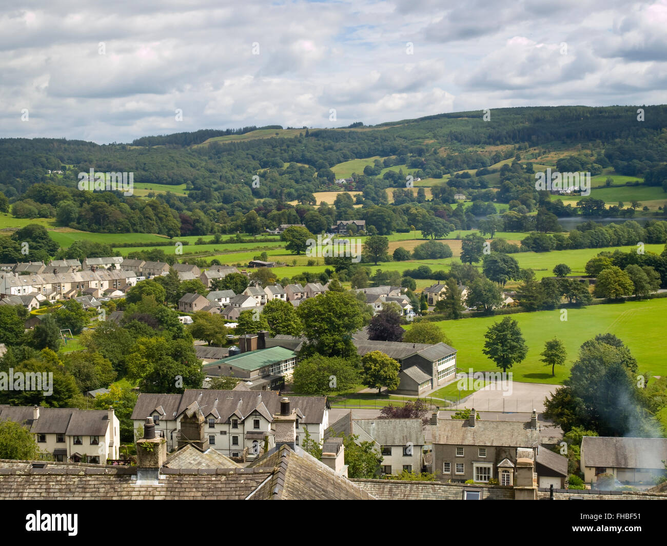 High angle overview of the south-east corner of Coniston village ...