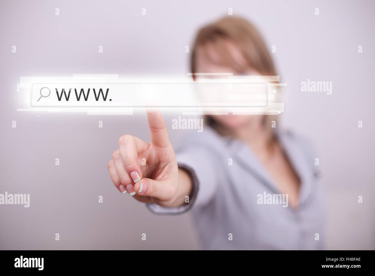 Young businesswoman touching web browser address bar with www sign ...