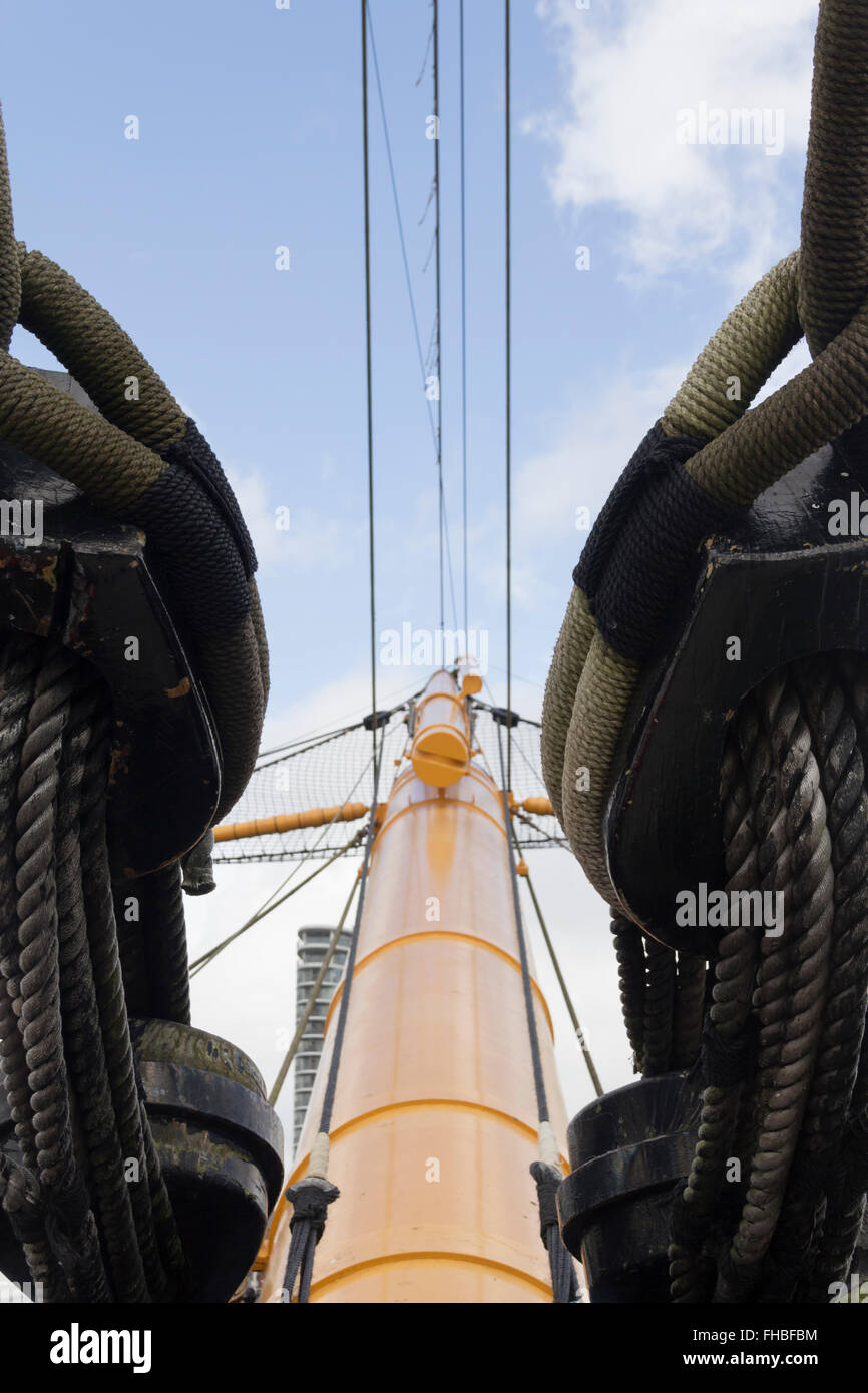 HMS Warrior bowsprit viewed through the foremast rigging, close to the ...