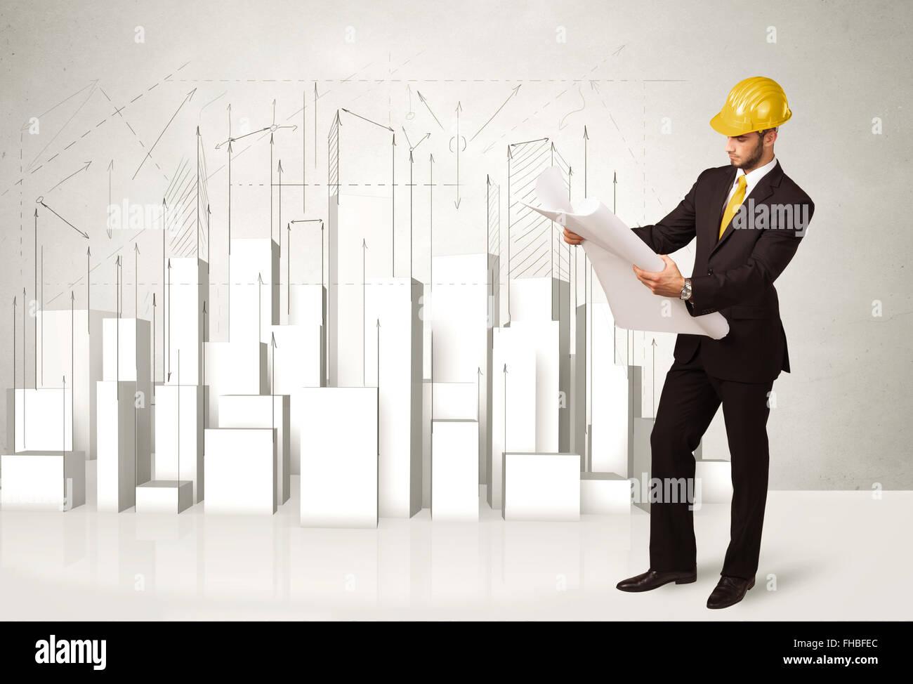 Construction worker planing with 3d buildings in background Stock Photo ...