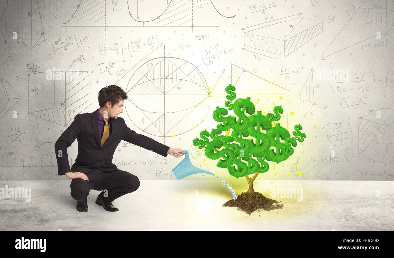 Business man watering a growing green dollar sign tree Stock Photo - Alamy