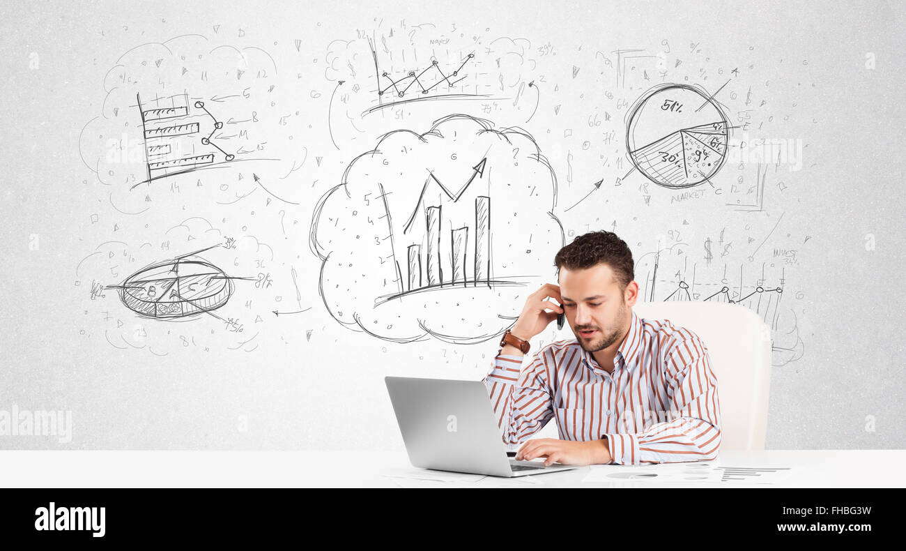 Business man sitting at table with hand drawn graph charts Stock Photo ...