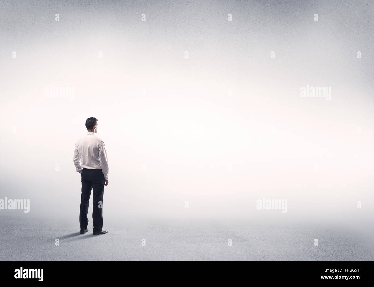 Sales person with empty white background Stock Photo - Alamy