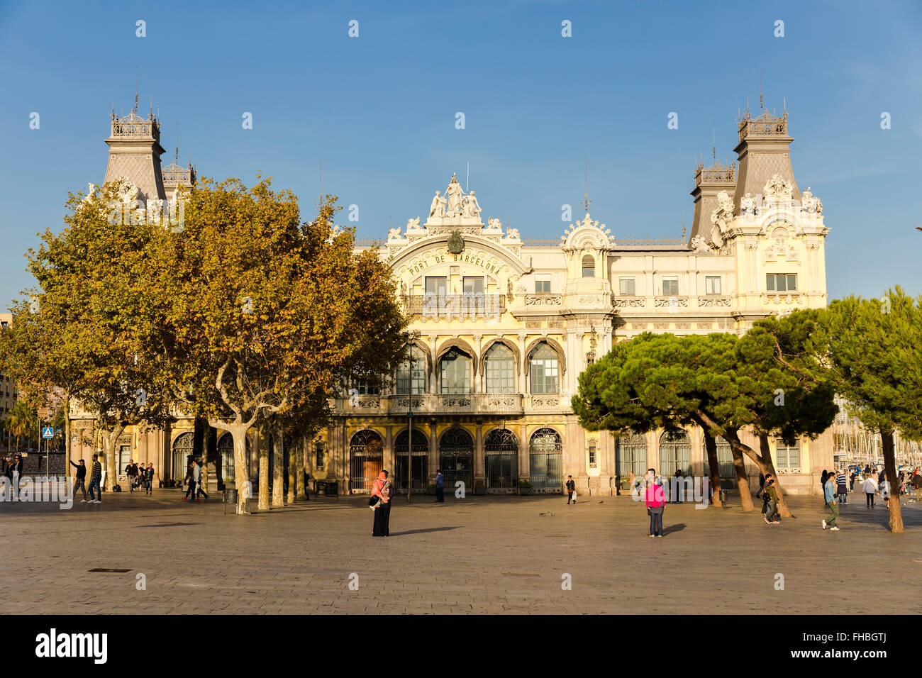 Facade view of Port de Barcelona building, historical old custom port ...