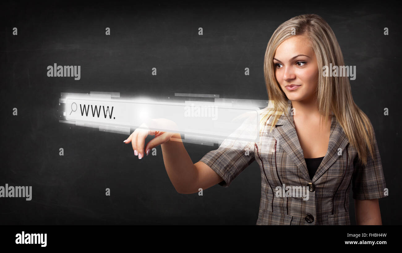 Young businesswoman touching web browser address bar with www sign ...