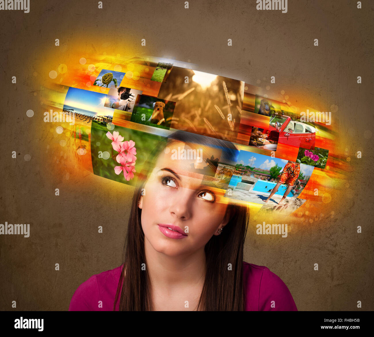 girl with colorful glowing photo memories concept Stock Photo - Alamy
