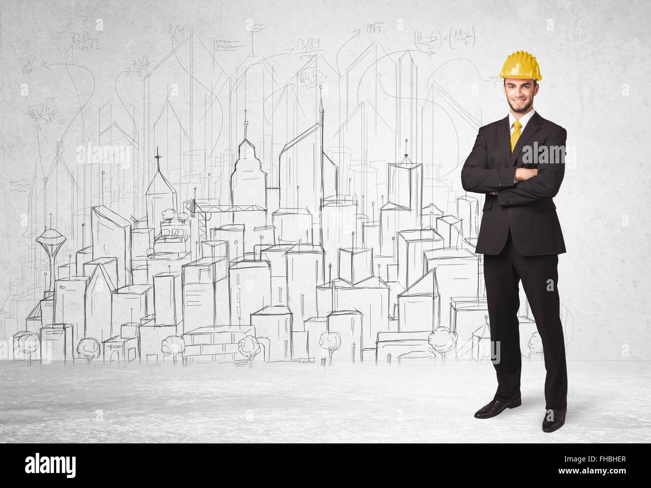 Construction worker with cityscape background Stock Photo - Alamy