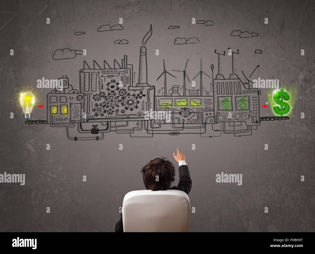 Business man looking at factory that makes money from ideas Stock Photo ...