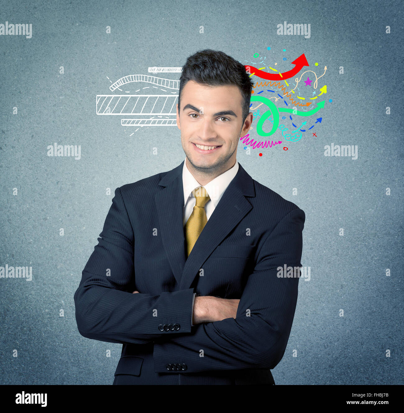 Happy creative business guy with illustration Stock Photo - Alamy