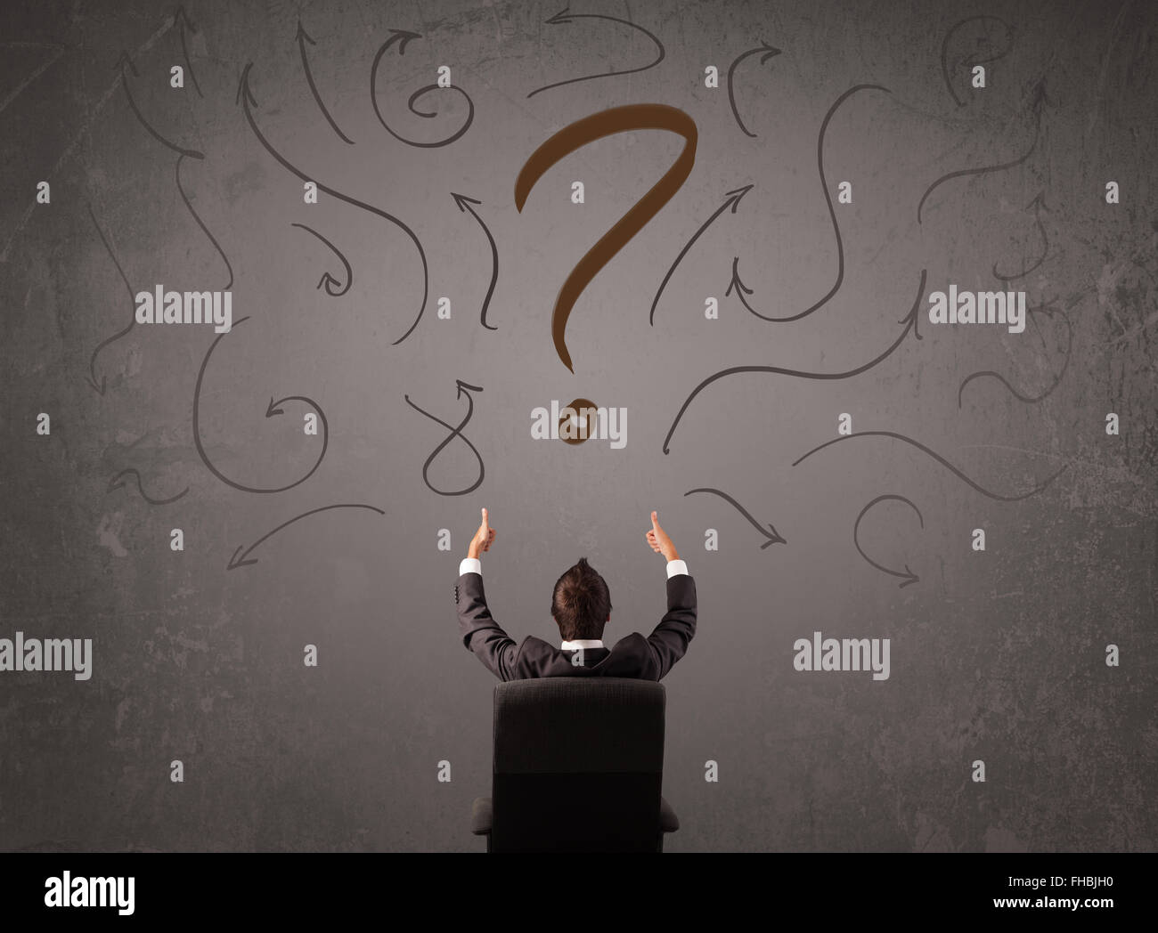 Business man looking at question mark sketch Stock Photo - Alamy