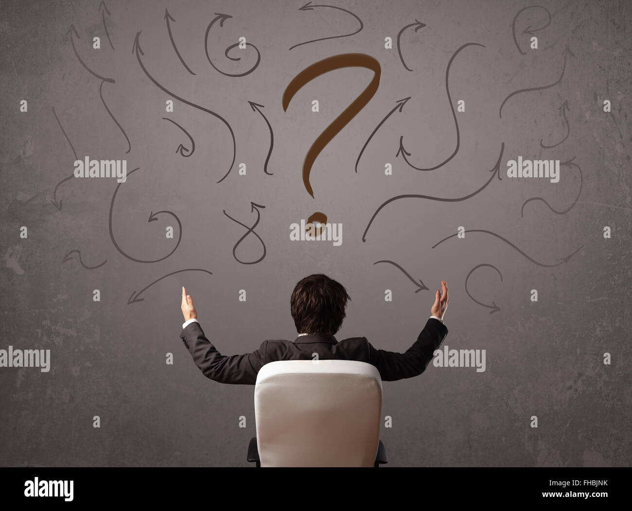 Business man looking at question mark sketch Stock Photo - Alamy