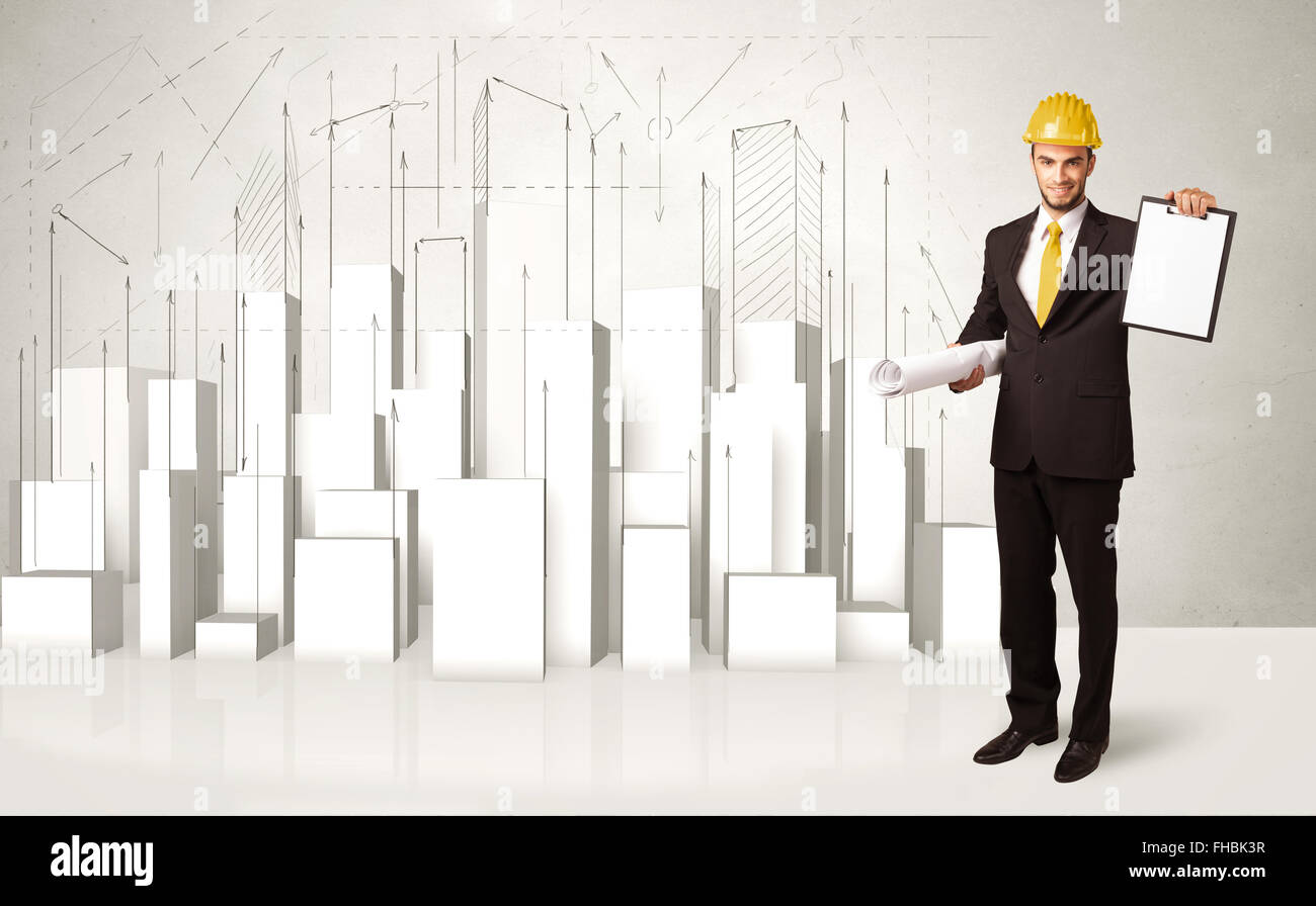 Construction worker planing with 3d buildings in background Stock Photo ...