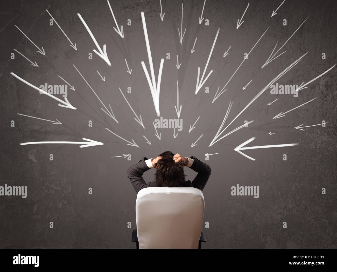 Business man with hand drawn arrows pointing at his head Stock Photo ...