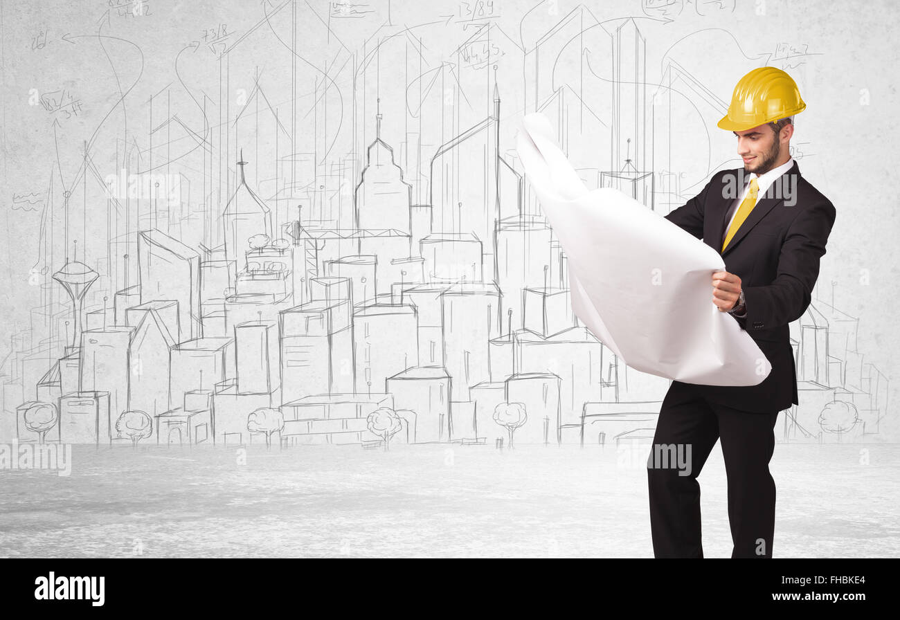 Construction worker with cityscape background Stock Photo - Alamy