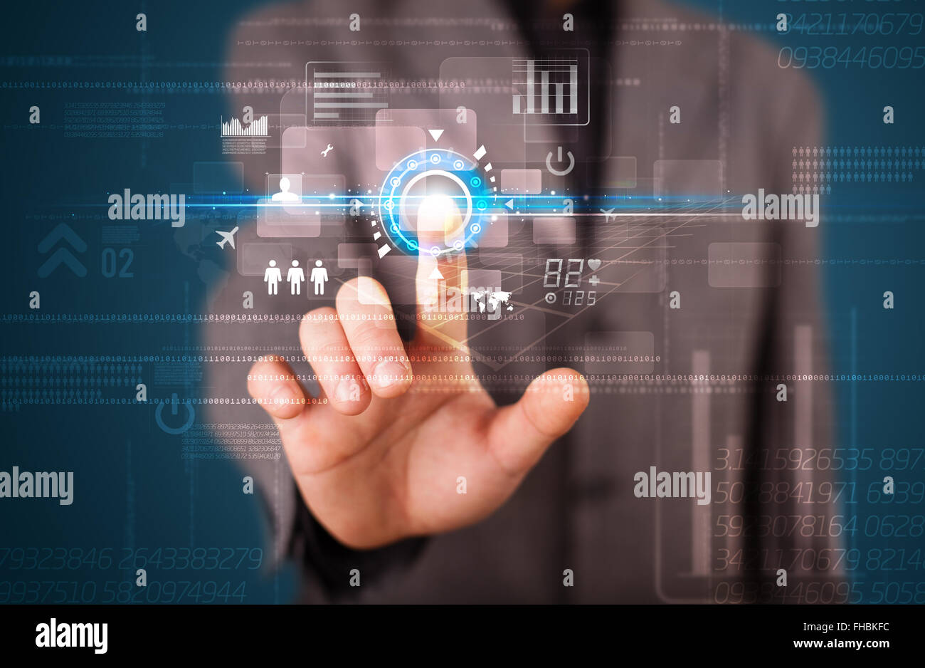 Handsome businessman touching future web technology buttons and icons ...