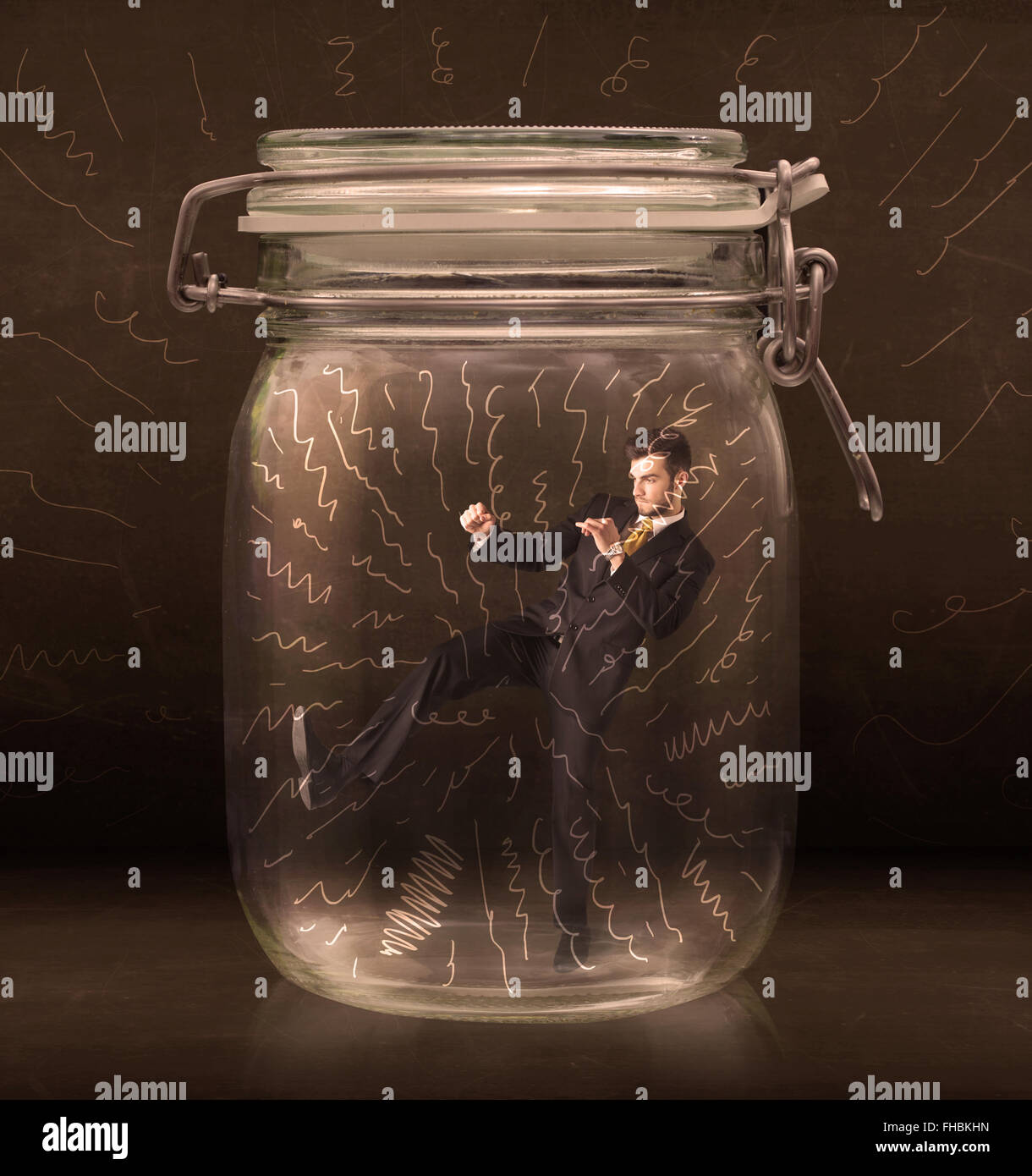 Businessman inside a jar with powerful hand drawn lines concept Stock ...