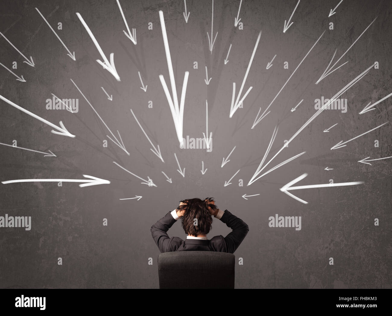 Business man with hand drawn arrows pointing at his head Stock Photo ...