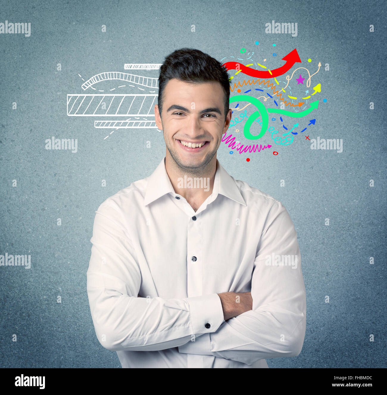 Happy creative business guy with illustration Stock Photo - Alamy