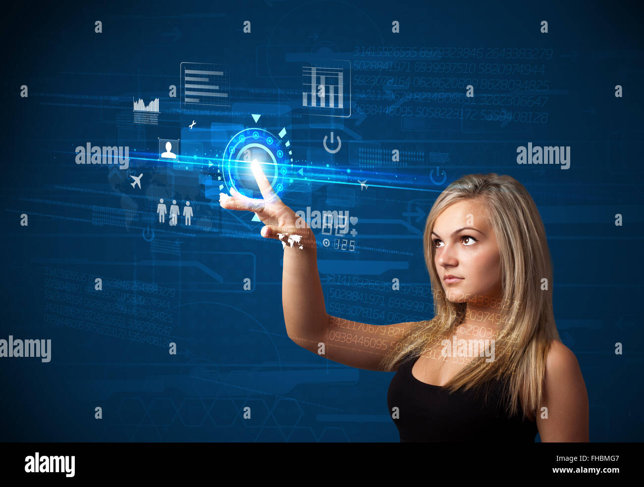 Young business woman touching future web technology buttons and icons ...