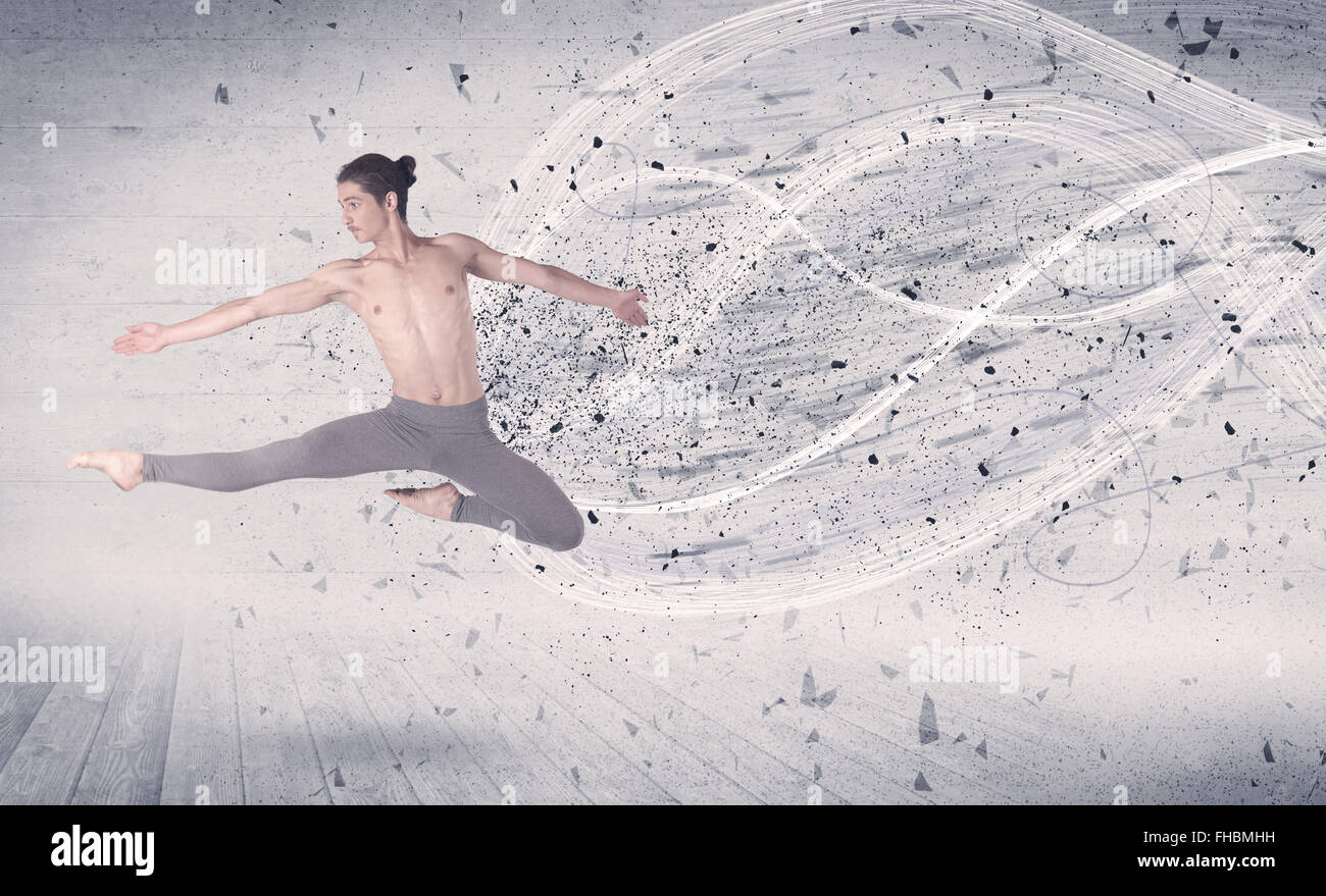 Performance ballet dancer jumping with energy explosion particles Stock ...