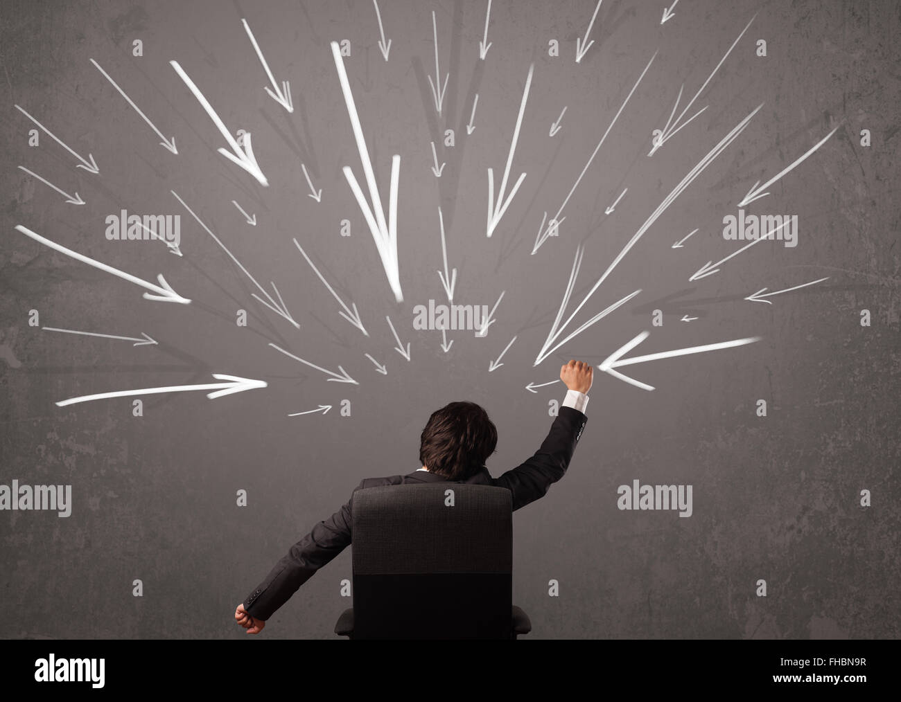 Business man with hand drawn arrows pointing at his head Stock Photo ...
