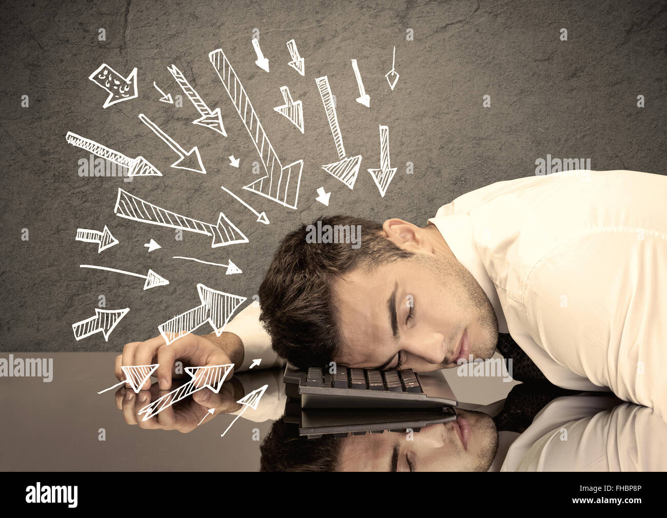 Arrows pointing at sad office worker Stock Photo - Alamy