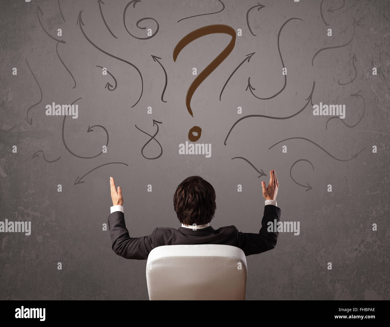 Business man looking at question mark sketch Stock Photo - Alamy
