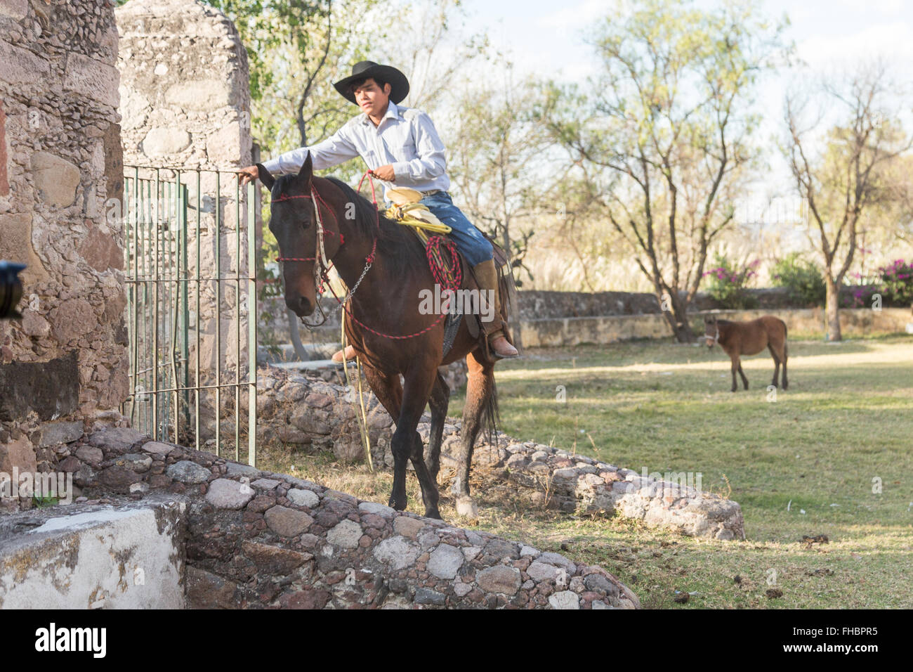 A Mexican charro or cowboy on his horse at a hacienda ranch in Alcocer ...