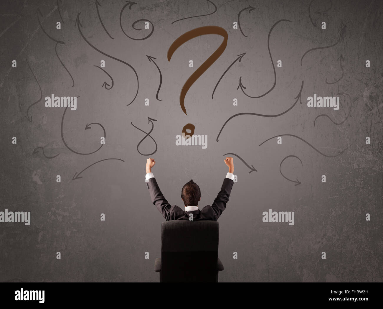 Business man looking at question mark sketch Stock Photo - Alamy