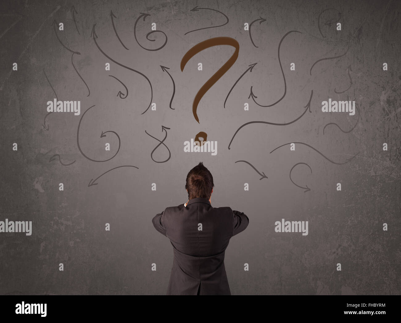 Business man looking at question mark sketch Stock Photo - Alamy