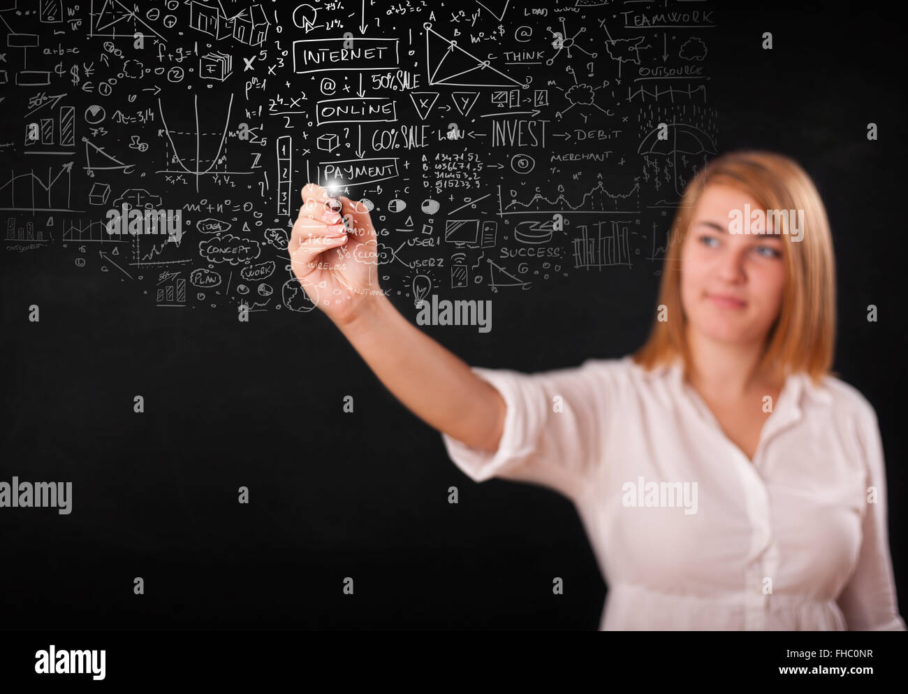 Young woman sketching and calculating thoughts Stock Photo - Alamy