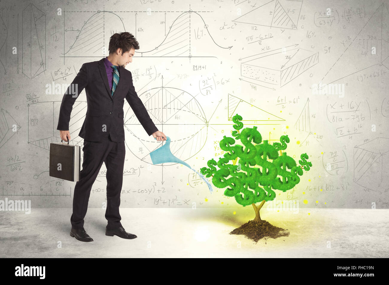 Business man watering a growing green dollar sign tree Stock Photo - Alamy