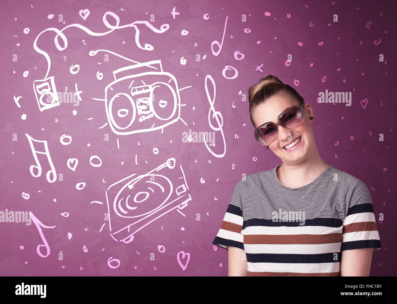 Happy funny woman with shades and hand drawn media icons Stock Photo ...