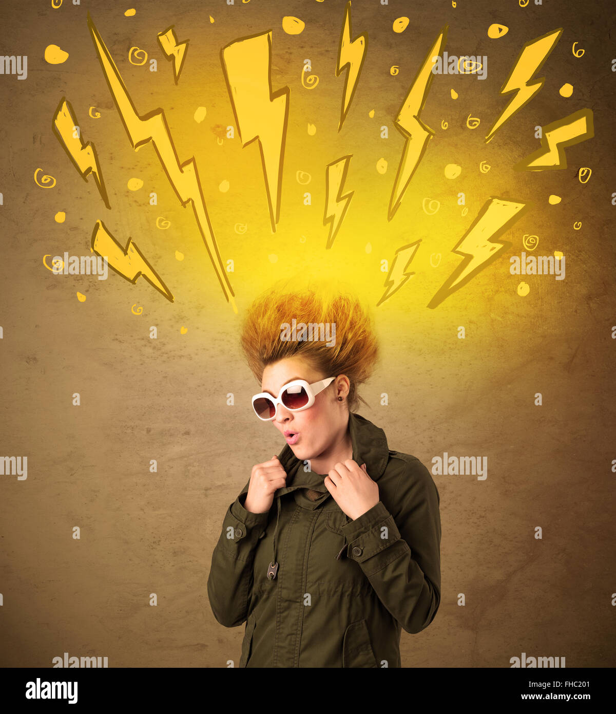 Young woman with hair style and hand drawn lightnings Stock Photo - Alamy
