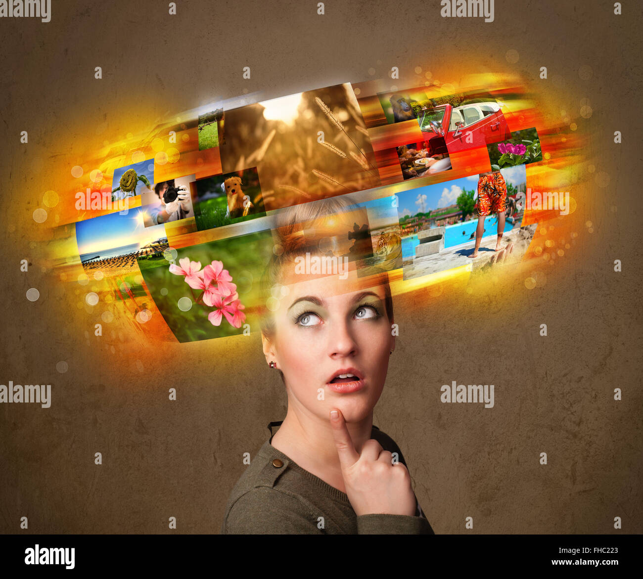 girl with colorful glowing photo memories concept Stock Photo - Alamy