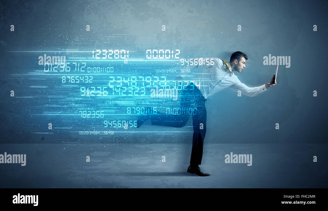 Business man running with device and data concept Stock Photo - Alamy