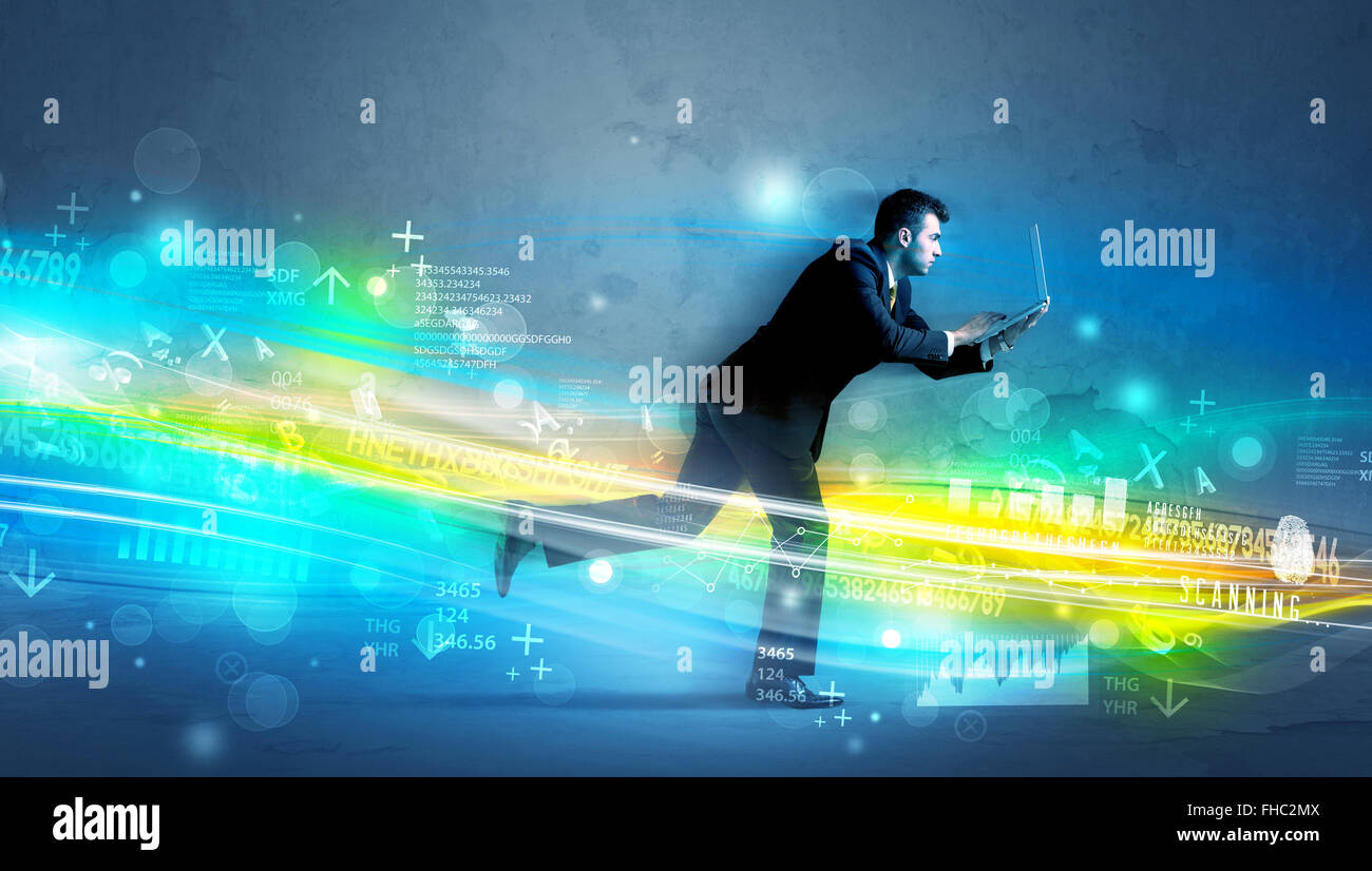Business man running in high tech wave concept Stock Photo - Alamy