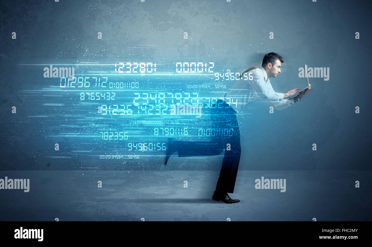 Business man running with device and data concept Stock Photo - Alamy